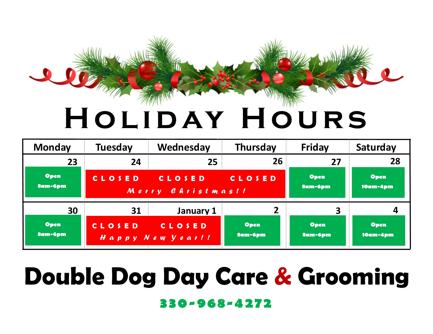 Holiday Hours 2019 - Double Dog Day Care